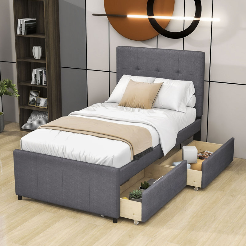 Latitude Run® Twin Size Linen Upholstered Platform Bed With Headboard